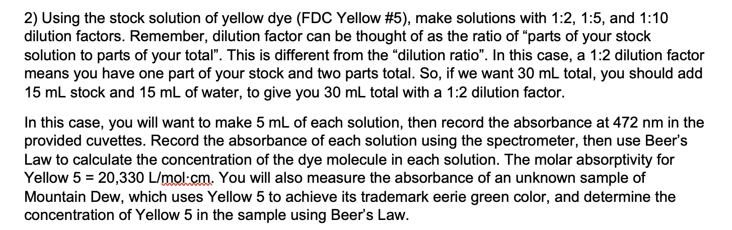 2) Using the stock solution of yellow dye (FDC Yellow | Chegg.com