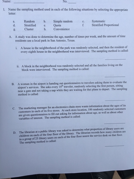 Solved Name the sampling method used in each of the | Chegg.com