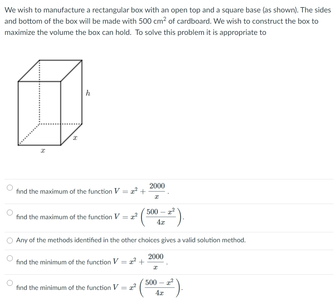 Solved We wish to manufacture a rectangular box with an open | Chegg.com