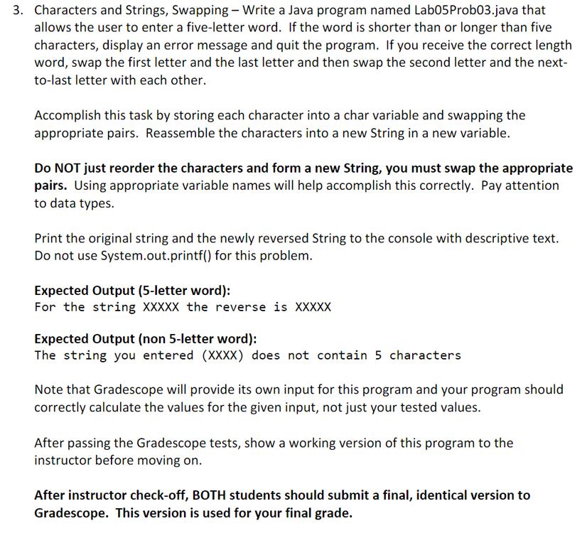 Solved Characters and Strings, Swapping – Write a Java | Chegg.com