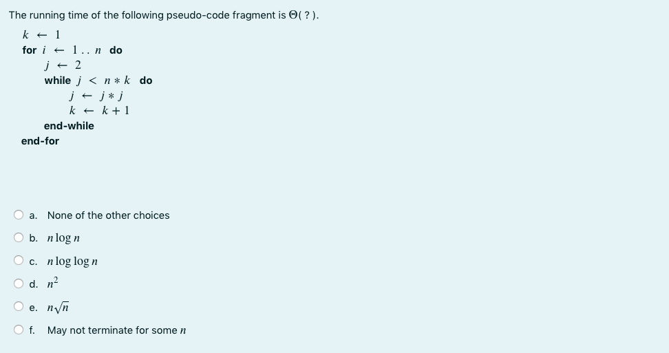 Solved The running time of the following pseudo-code | Chegg.com