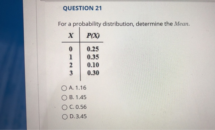 Solved QUESTION 21 For a probability distribution, determine | Chegg.com