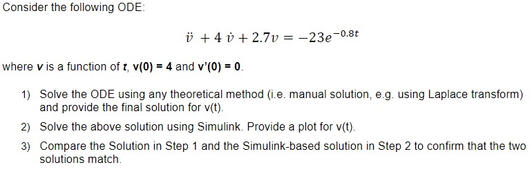 Solved Consider the following ODE: v¨+4v˙+2.7v=−23e−0.8t | Chegg.com