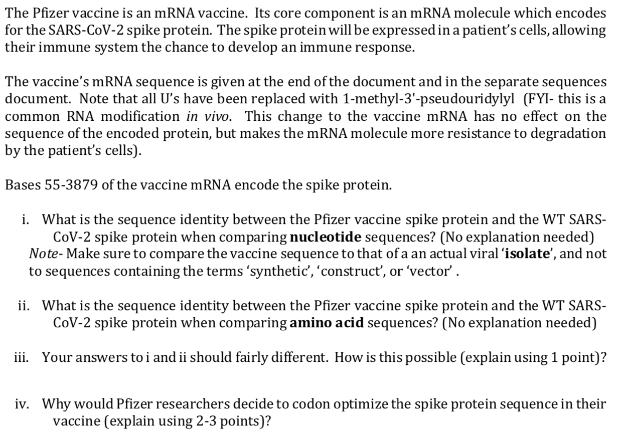 Solved The Pfizer vaccine is an mRNA vaccine. Its core | Chegg.com