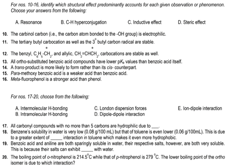 Solved For nos. 10-16, identify which structural effect | Chegg.com