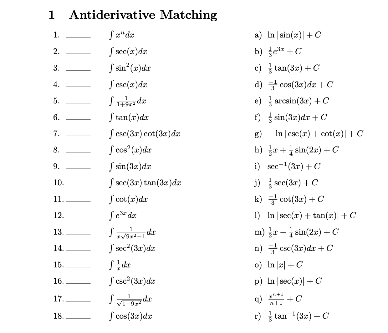 Solved 1 Antiderivative Matching a) ln∣sin(x)∣+C b) 31e3x+C | Chegg.com