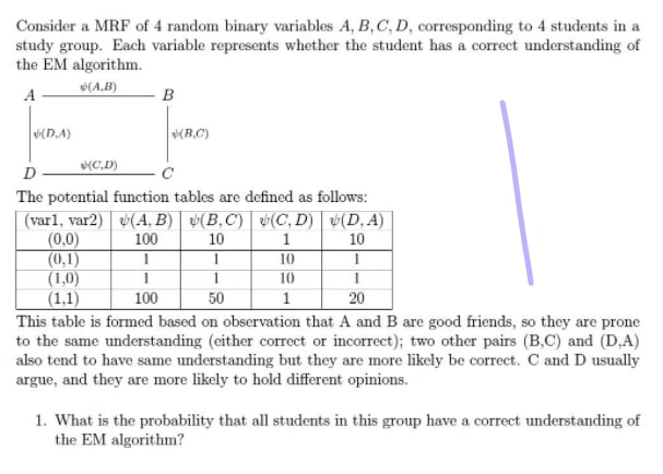 Solved Consider a MRF of 4 random binary variables A, B, C, | Chegg.com