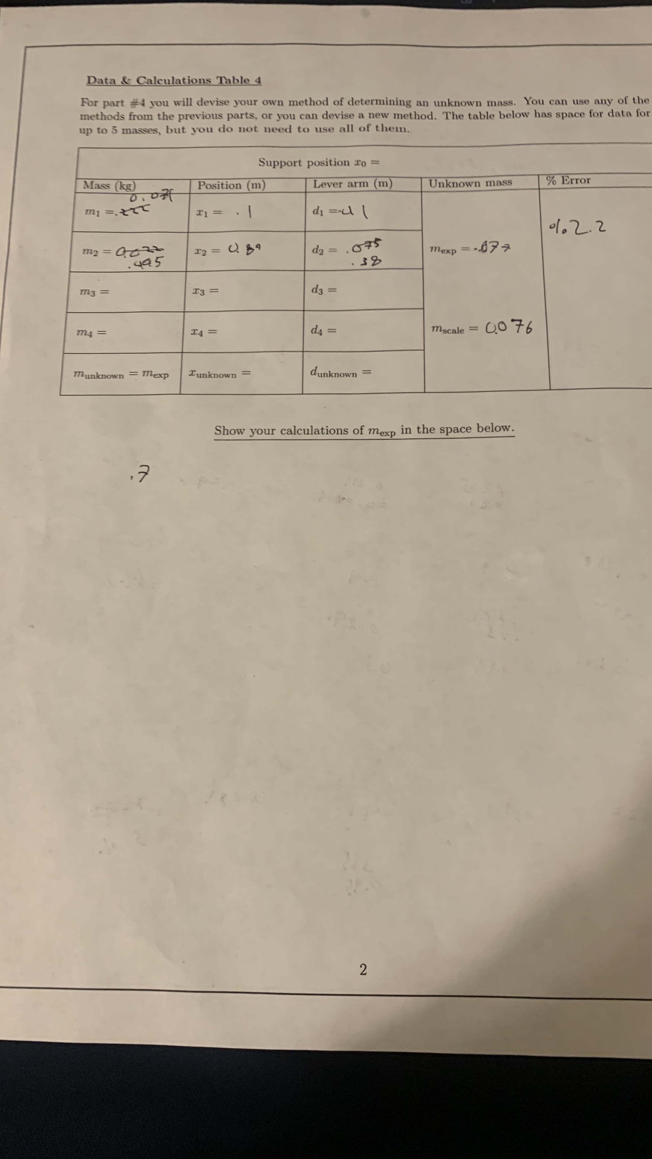 Data \& Calculations Table 4 For part \#4 you will | Chegg.com