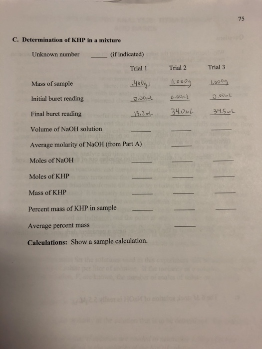 75 C. Determination of KHP in a mixture Unknown | Chegg.com