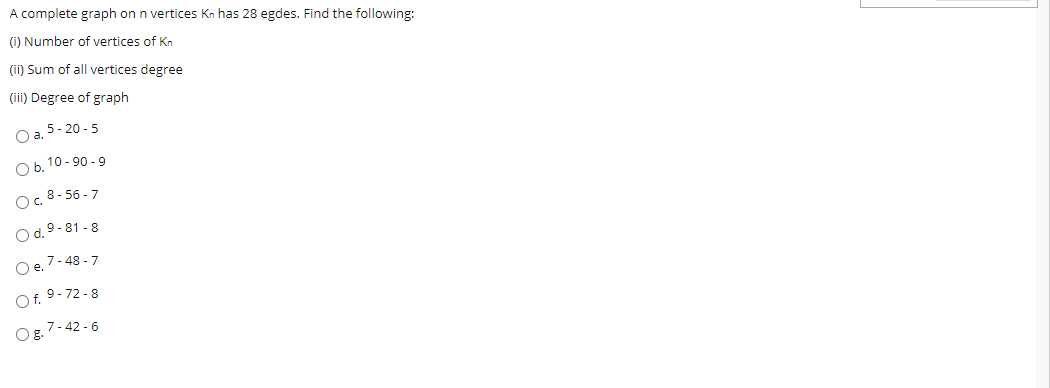Solved A complete graph on n vertices Kn has 28 egdes. Find | Chegg.com