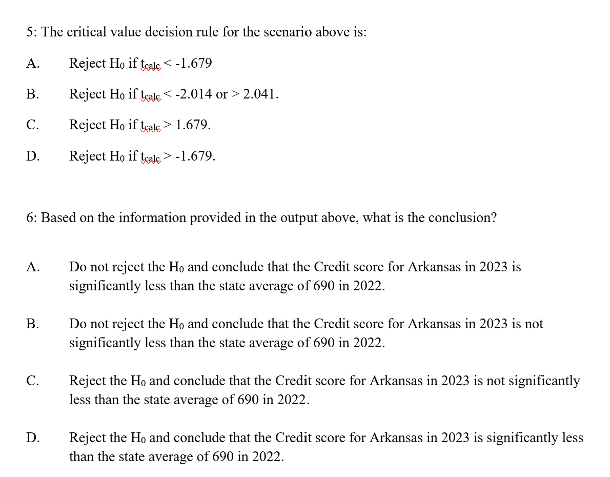 Solved 5: The critical value decision rule for the scenario | Chegg.com