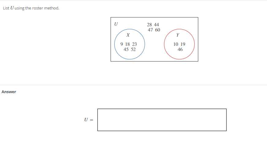 Solved List U using the roster method. U 28 44 47 60 Y X 9 | Chegg.com