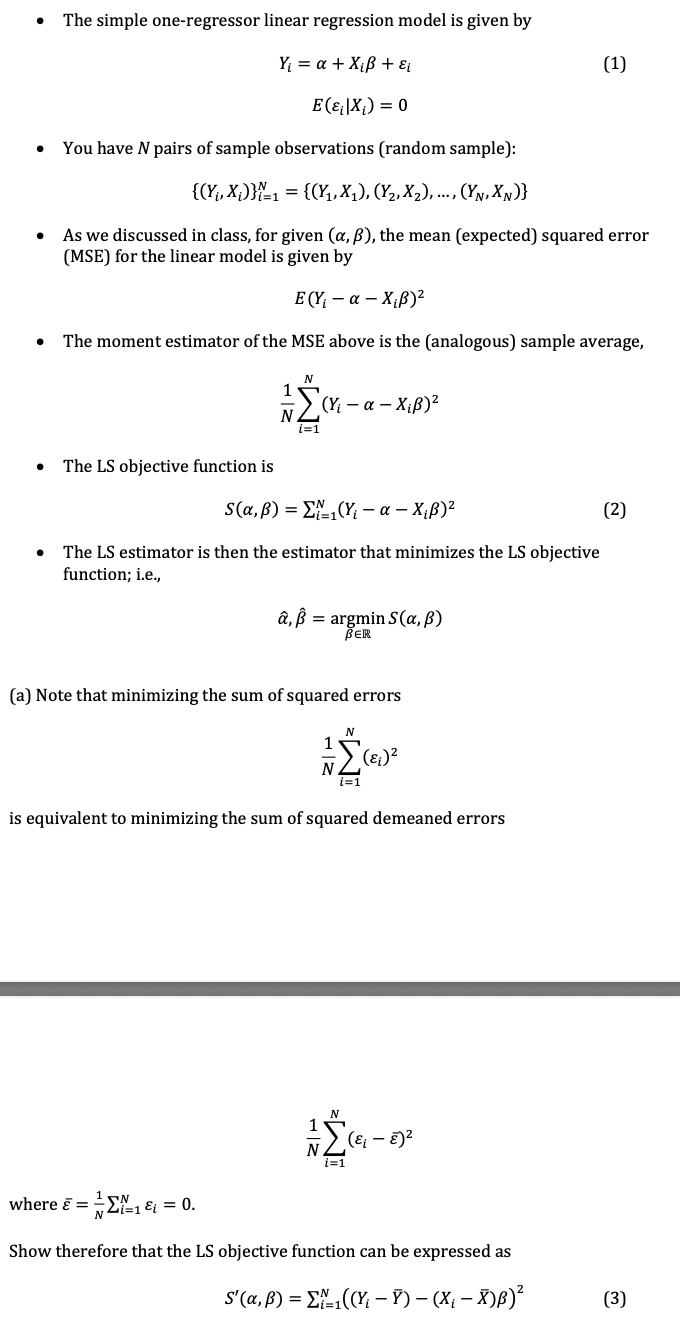 Solved The simple one-regressor linear regression model is | Chegg.com