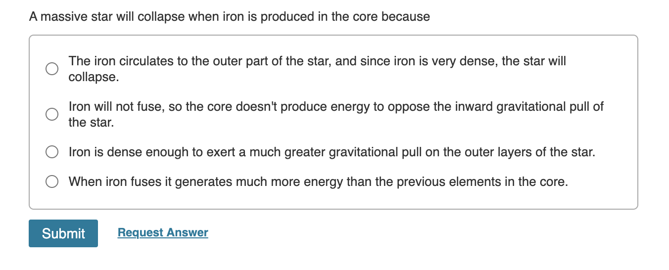 Solved A massive star will collapse when iron is produced in | Chegg.com