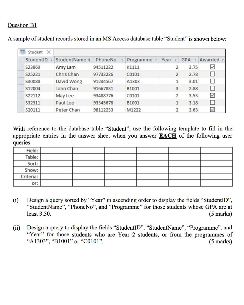 Solved Question B1 A sample of student records stored in an | Chegg.com