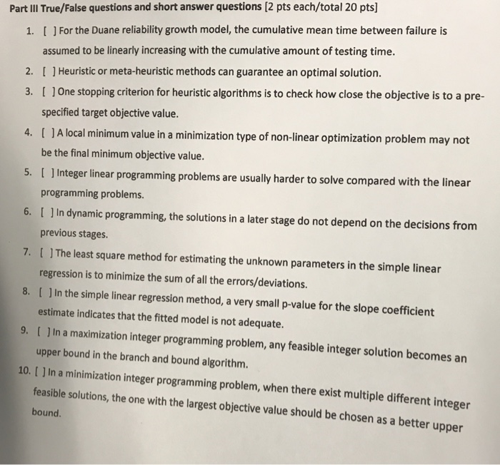 Solved Part II True/False questions and short answer | Chegg.com