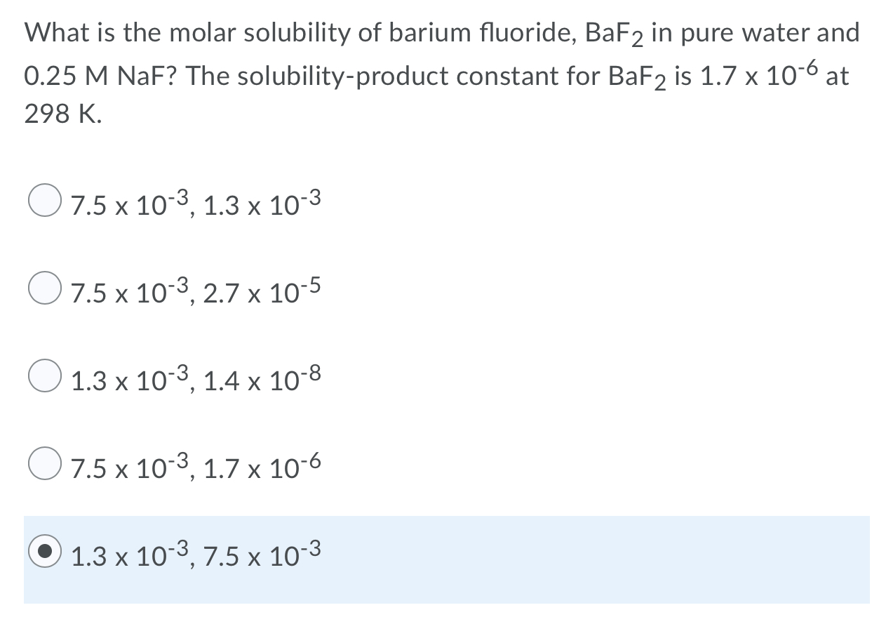 Solved What is the molar solubility of barium fluoride, BaF2 | Chegg.com