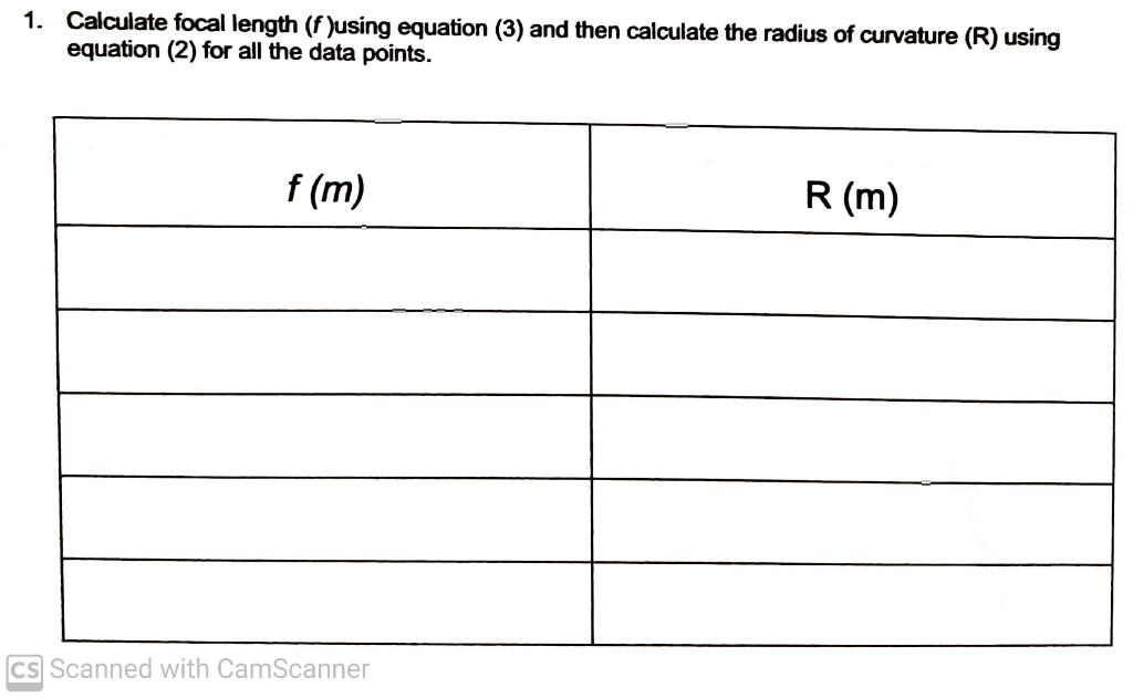 Solved 1. Calculate focal length (f )using equation (3) and | Chegg.com