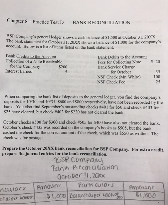 Solved Chapter 8 - Practice Test D BANK RECONCILIATION BSP | Chegg.com