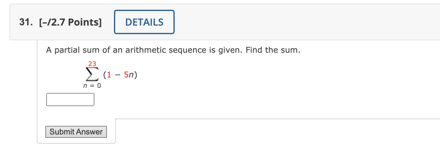 Solved A partial sum of an arithmetic sequence is given. | Chegg.com