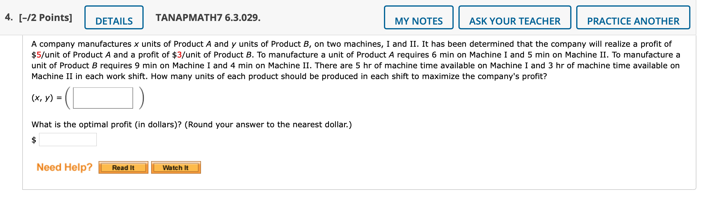 Solved 4. [-/2 Points] DETAILS TANAPMATH7 6.3.029. MY NOTES | Chegg.com