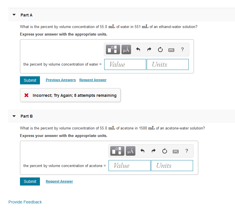 Solved Part A What is the percent by volume concentration of | Chegg.com