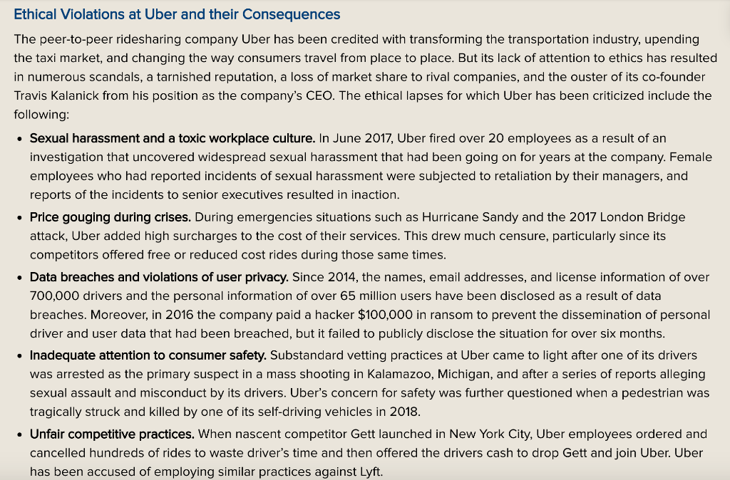 Solved Ethical Violations at Uber and their Consequences The | Chegg.com