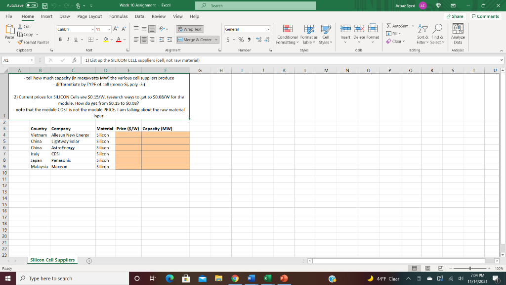 Solved 1) List up the SILICON CELL suppliers (cell, not | Chegg.com