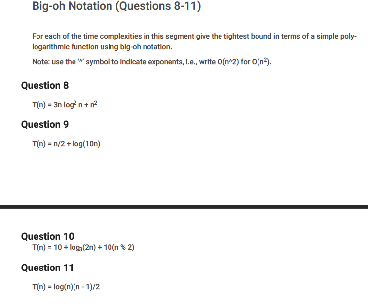 Solved Big-oh Notation (Questions 8-11) For each of the time | Chegg.com