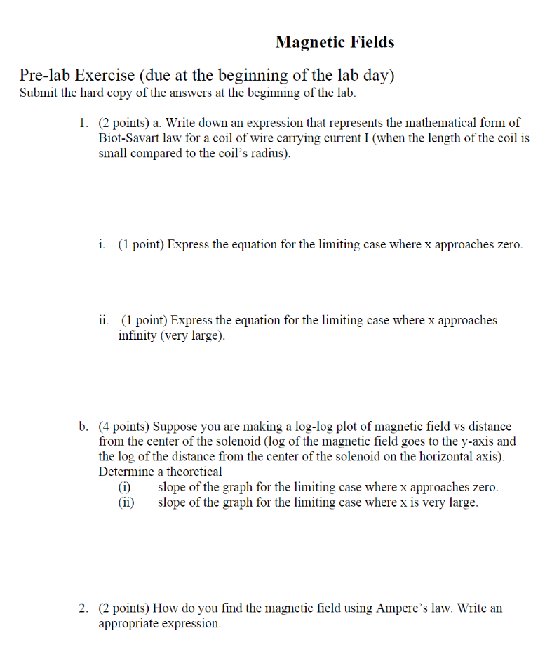 Solved Magnetic Fields Pre-lab Exercise (due at the | Chegg.com