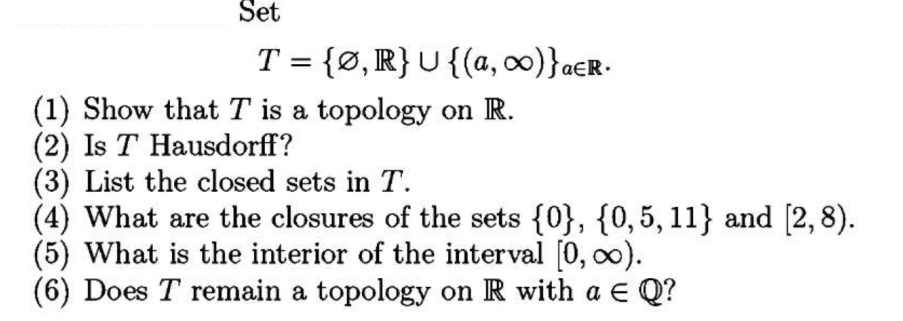 Solved SetT={O,R}∪{(a,∞)}ainR(1) ﻿Show that T is ﻿a topology | Chegg.com