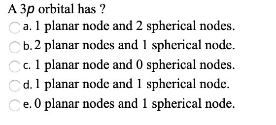 Solved A 3p orbital has ? Ca. 1 planar node and 2 spherical | Chegg.com