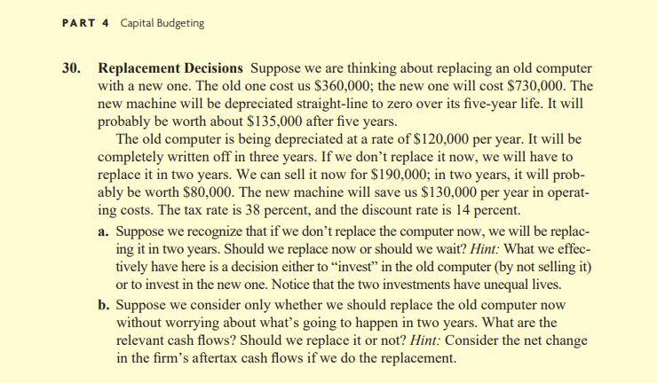 Solved PART 4 Capital Budgeting 30. Replacement Decisions | Chegg.com