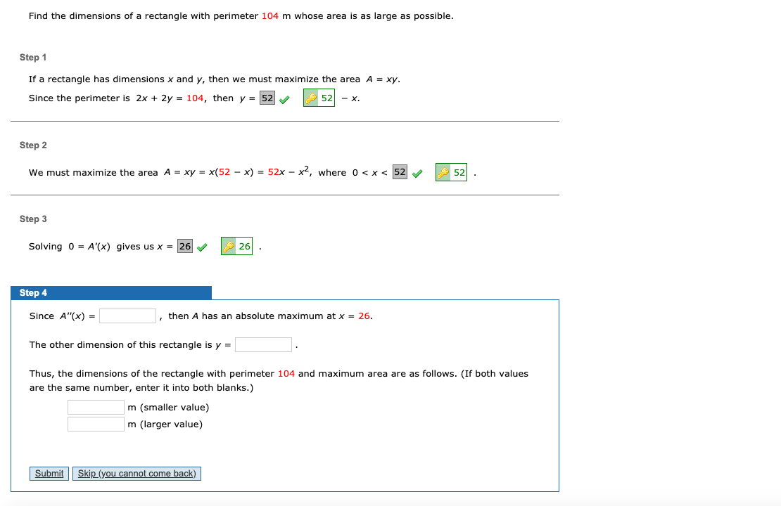 Solved Find the dimensions of a rectangle with perimeter 104 | Chegg.com