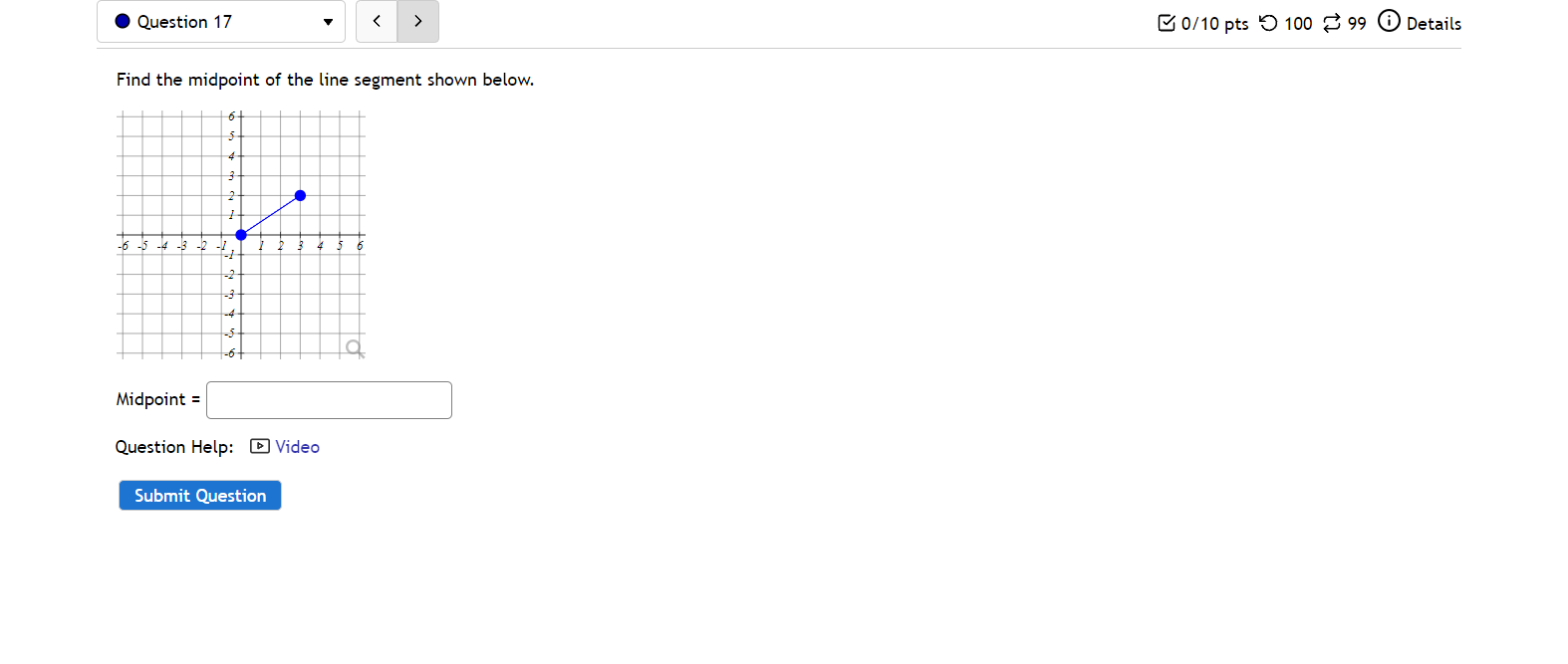 Solved Find the midpoint of the line segment shown below. | Chegg.com