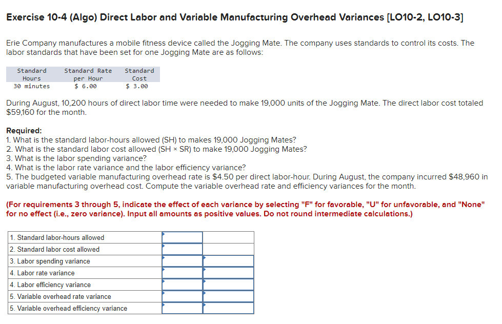 Solved Exercise 10-4 (Algo) Direct Labor and Variable | Chegg.com