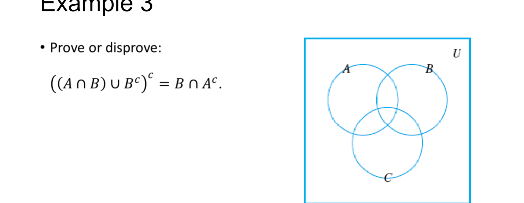 Solved - Prove or disprove: ((A∩B)∪Bc)c=B∩Ac | Chegg.com