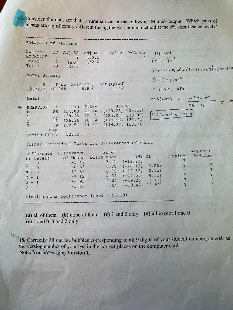 17. Consider the data set that is summarized in the | Chegg.com