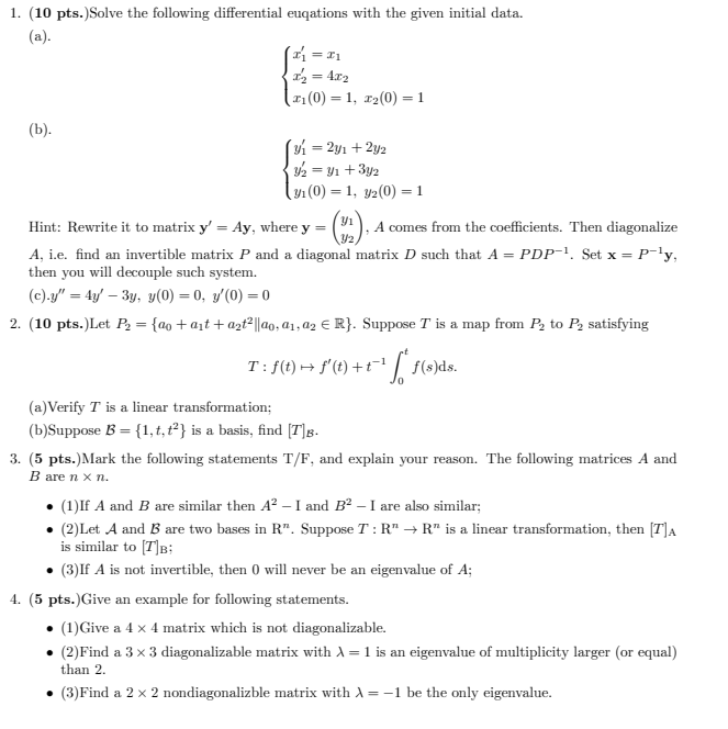 Solved 1. (10 pts.)Solve the following differential | Chegg.com