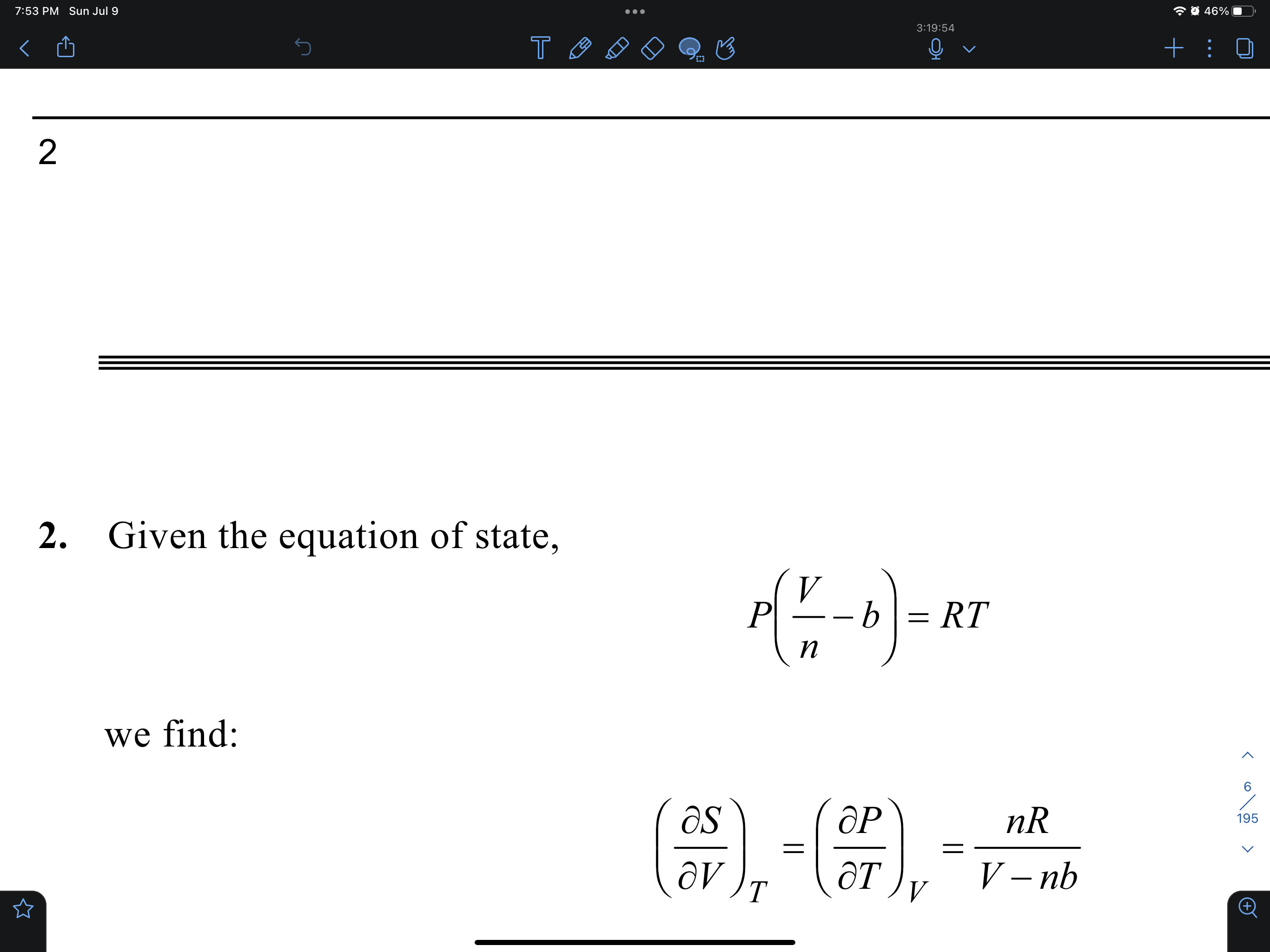 Solved 2. Given the equation of state, P(nV−b)=RT we find: | Chegg.com