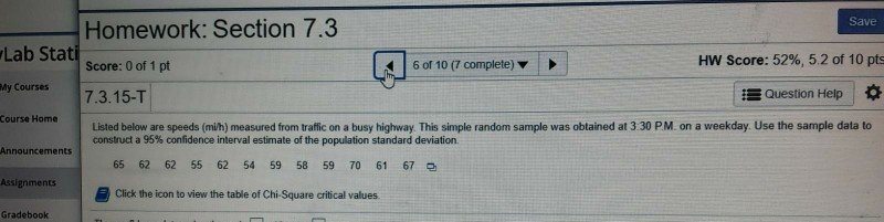Solved Save Homework: Section 7.3 Lab Stati Score: 0 of 1 pt | Chegg.com