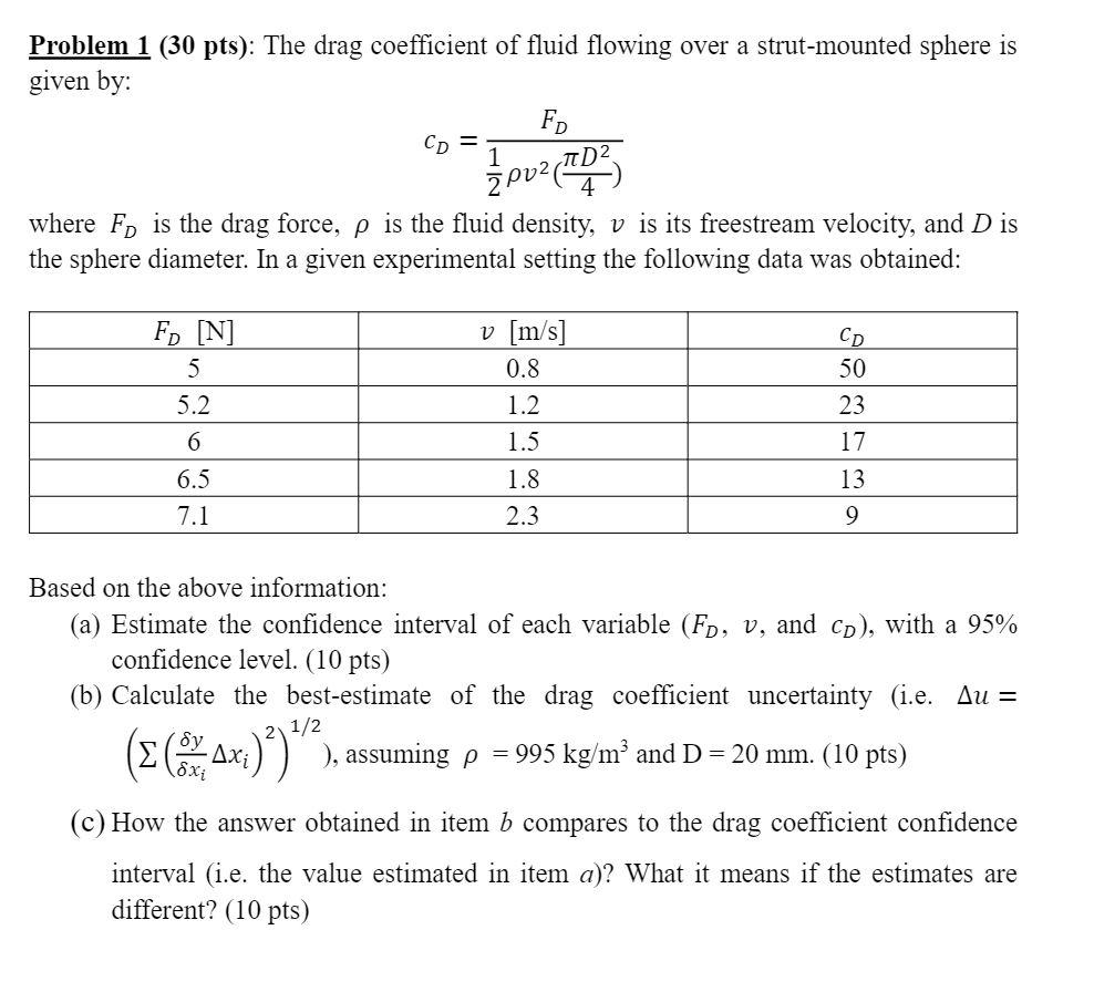 Problem 1 (30 pts): The drag coefficient of fluid | Chegg.com