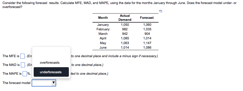 Solved Consider the following forecast results. Calculate | Chegg.com