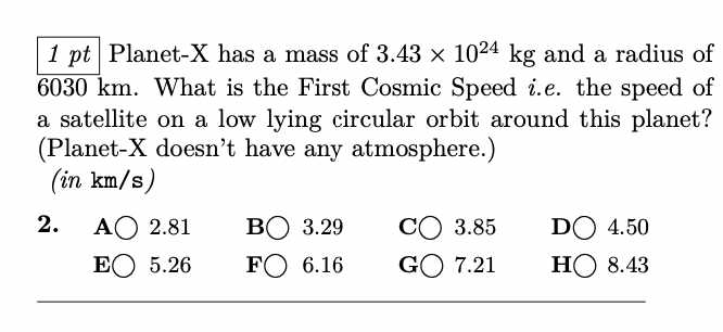 Solved 1pt ﻿Planet-X has a mass of 3.43×1024kg ﻿and a radius | Chegg.com
