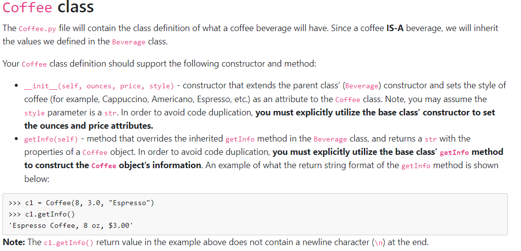 Solved Coffee class(Python) The Coffee.py file will contain | Chegg.com