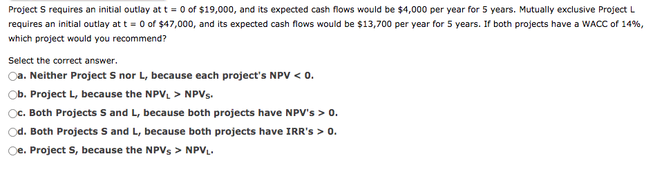 Solved Project S requires an initial outlay at t = 0 of | Chegg.com