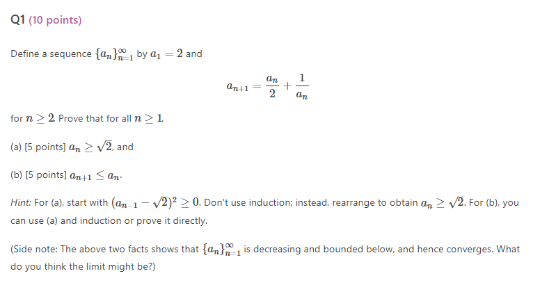 Solved Define a sequence {an}∞n=1 by a1=2 and an+1=an2+1an | Chegg.com