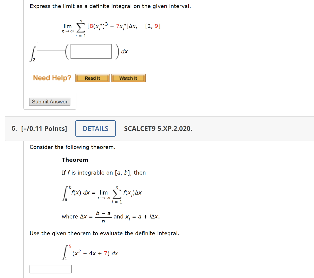 Solved Express the limit as a definite integral on the given | Chegg.com