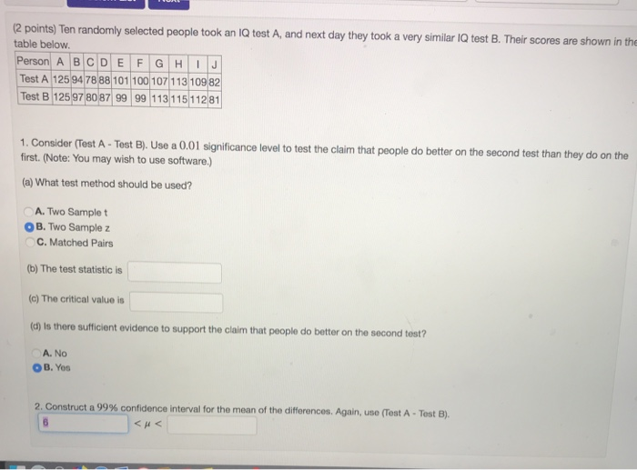 Solved 2 points) Ten randomly selected people took an IQ | Chegg.com