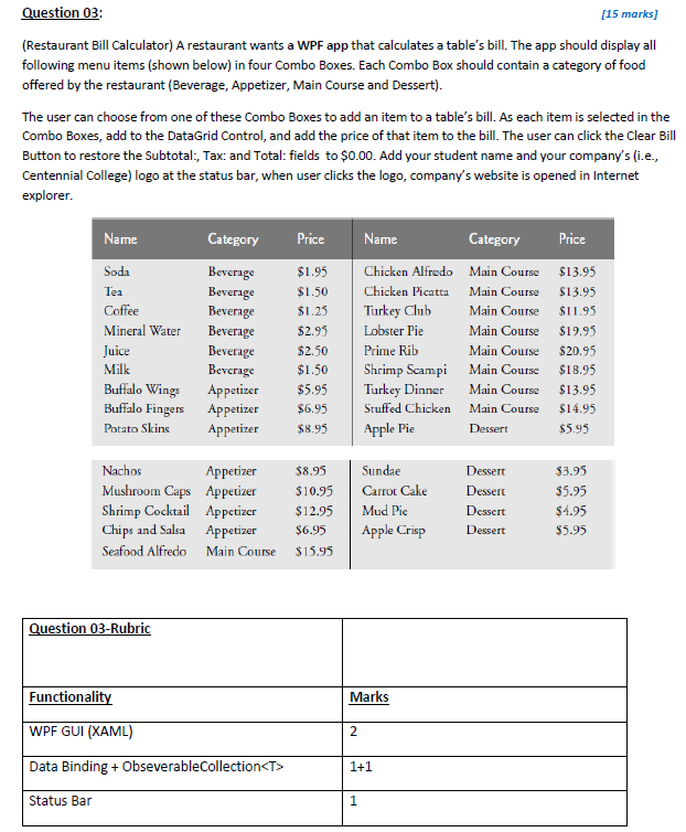 Solved Question 03: [15 marks] (Restaurant Bill Calculator) | Chegg.com